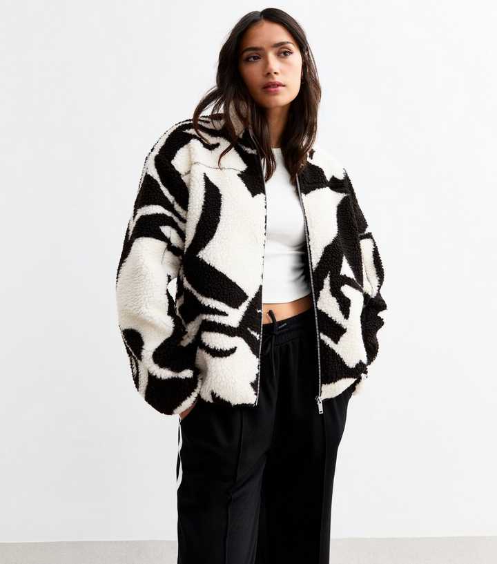 Tall Black Abstract Print Borg Jacket | New Look