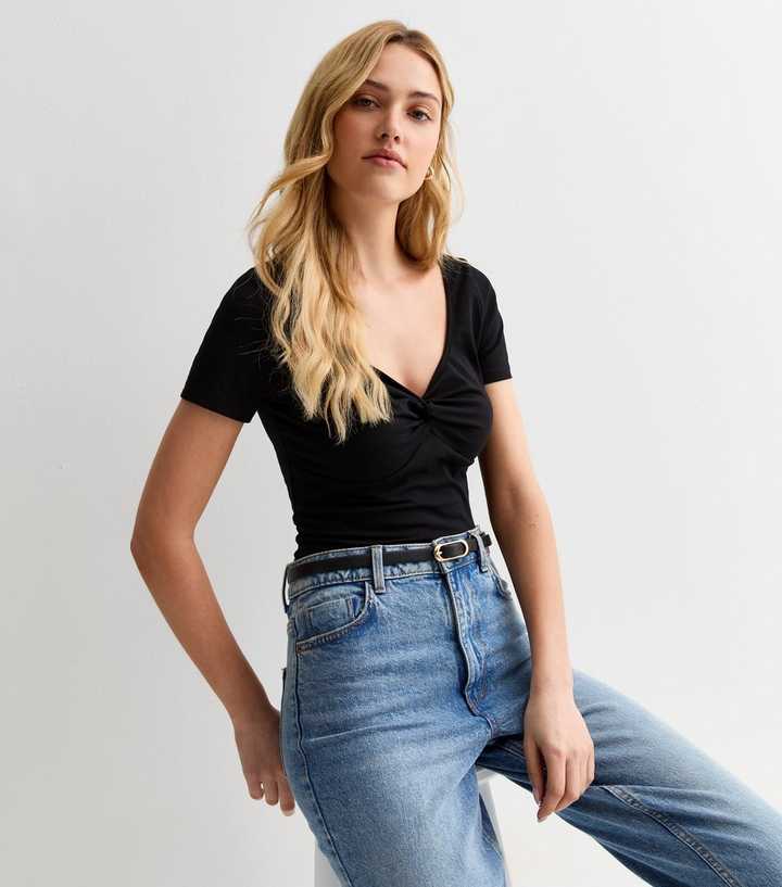Black Twist Front Short Sleeve Top | New Look
