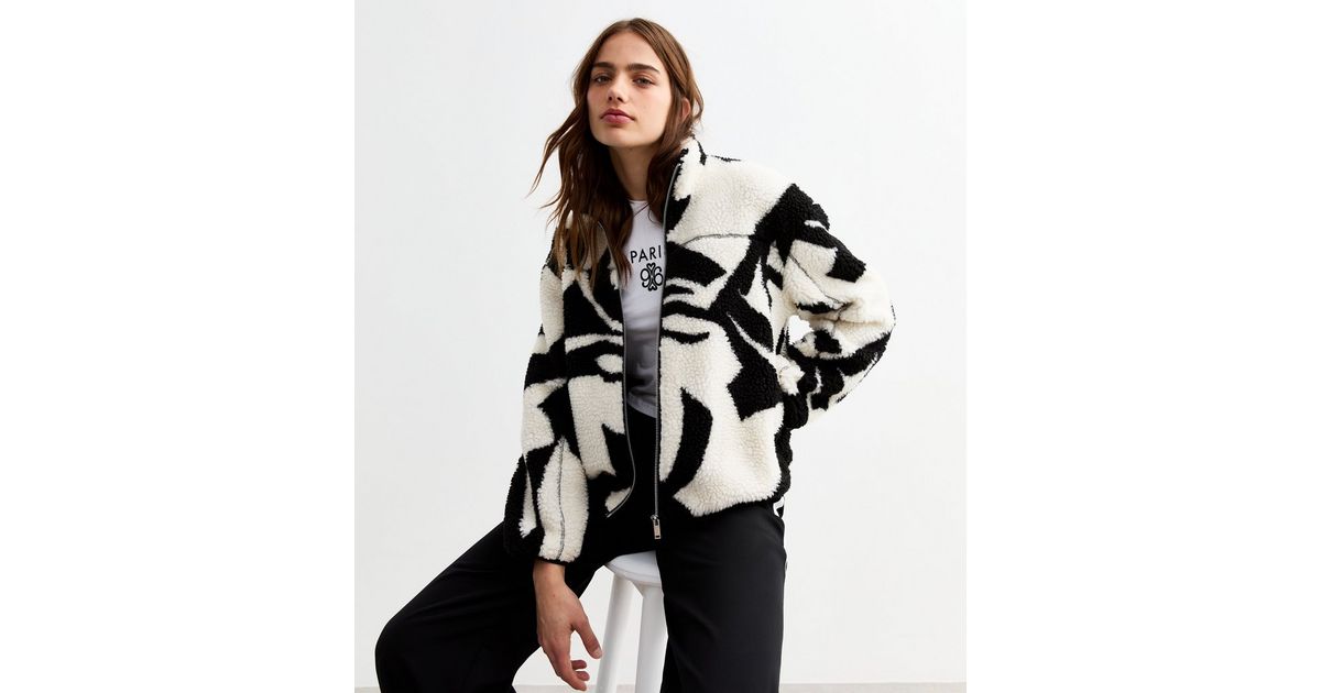 White Abstract Print Borg Zip Jacket | New Look