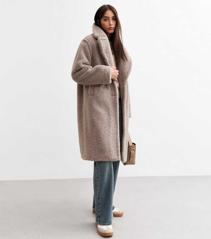 Mink Oversized Fluffy Borg Longline Coat | New Look