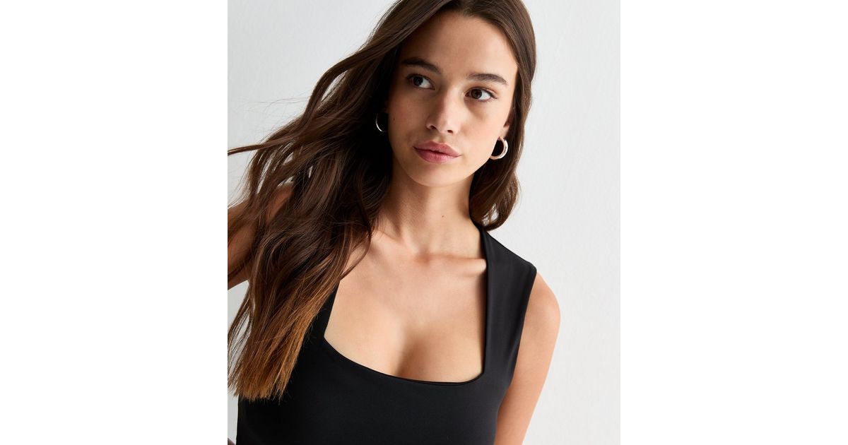 Black Slinky Square Neck Thong Bodysuit New Look