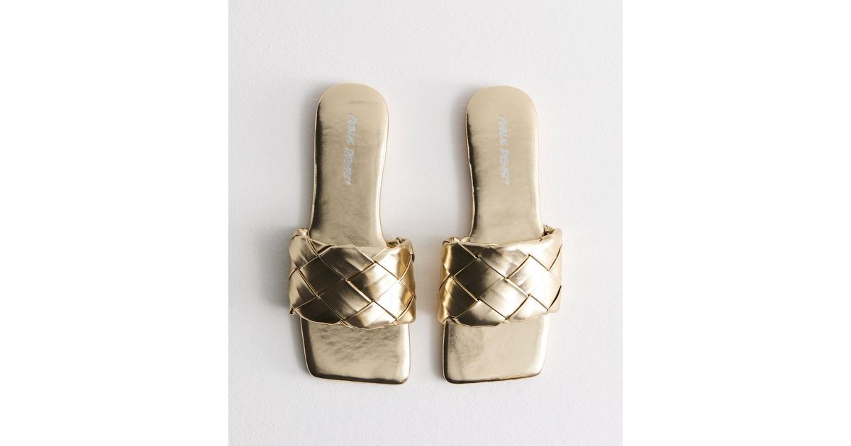 Public Desire Gold Woven Strap Mule Sandals | New Look