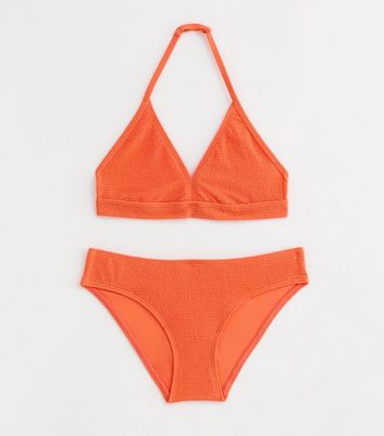 Girls Bright Orange Textured Triangle Bikini Set | New Look