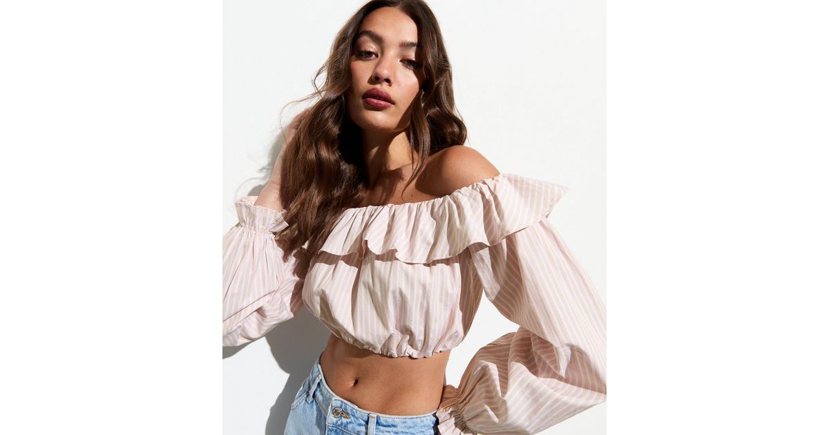 Camel Cotton Blend Striped Ruffle Trim Bardot Top New Look