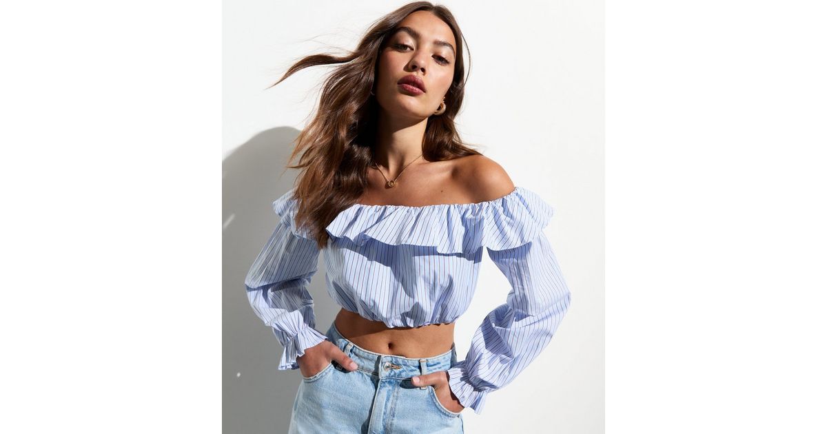 Blue Cotton Blend Striped Ruffle Trim Bardot Top New Look