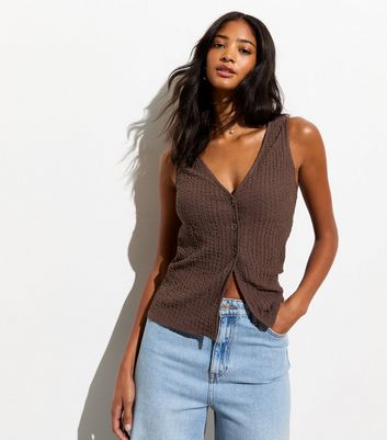 Dark Brown Textured Button Through Vest | New Look