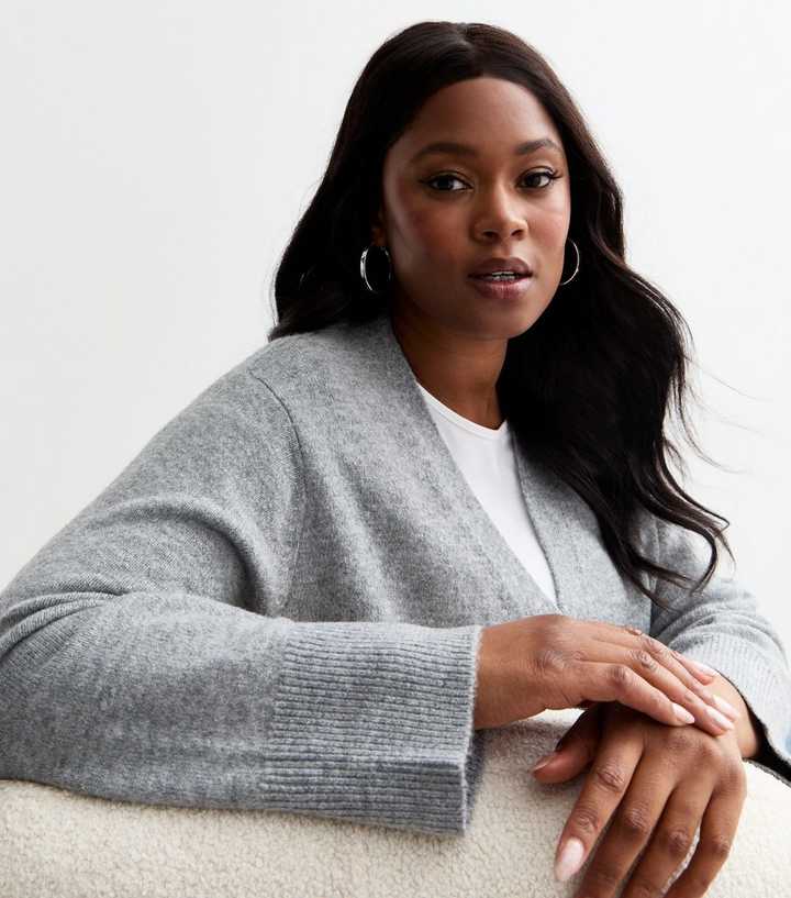 Curves Grey Ribbed Cuff Button Up Cardigan | New Look
