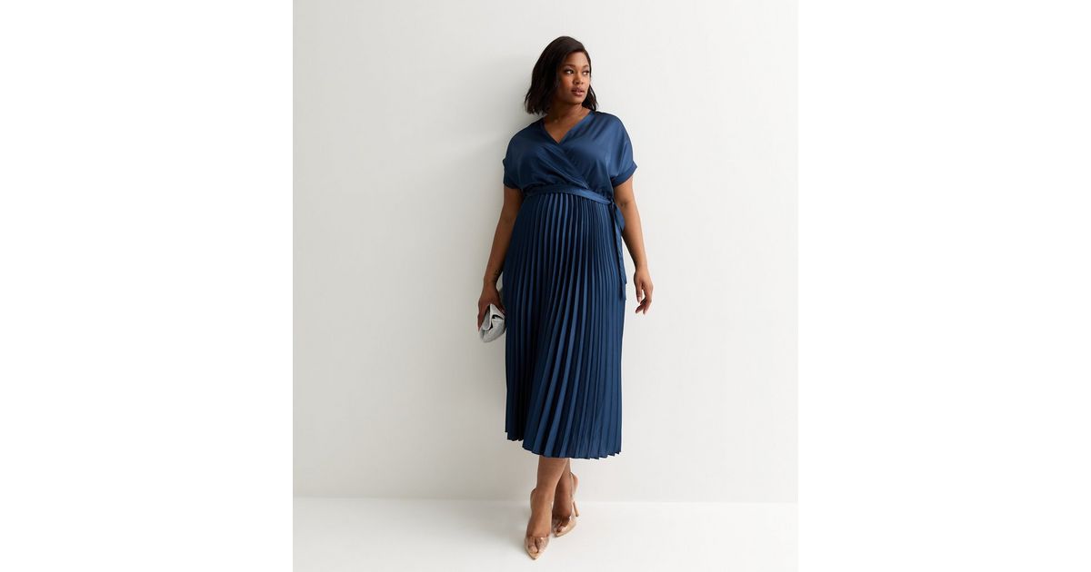 Curves Navy Satin Pleated Wrap Midi Dress | New Look