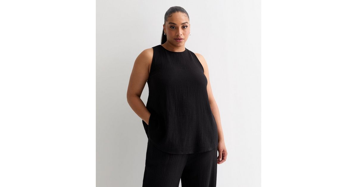 Curves Black Textured Cotton Sleeveless Top | New Look