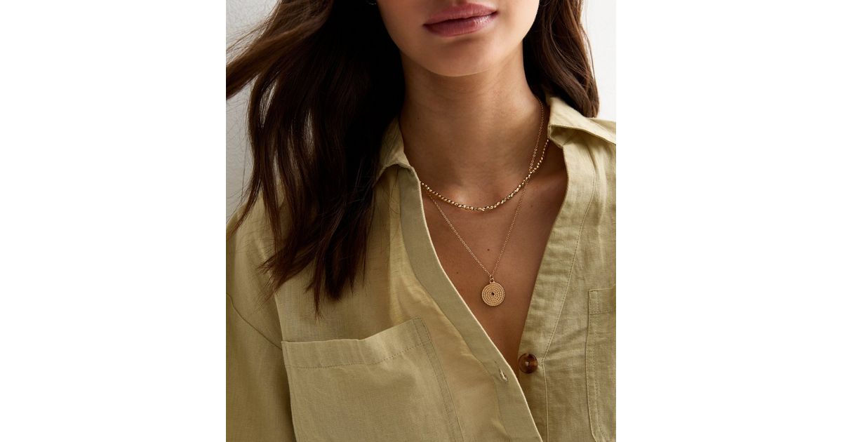 Gold Layered Textured Pendant Necklace | New Look