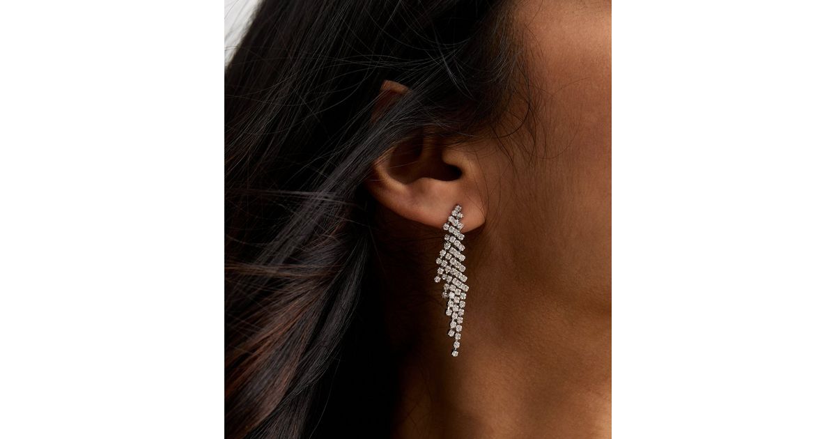 Silver Tone Diamanté Gradual Tassel Earrings | New Look