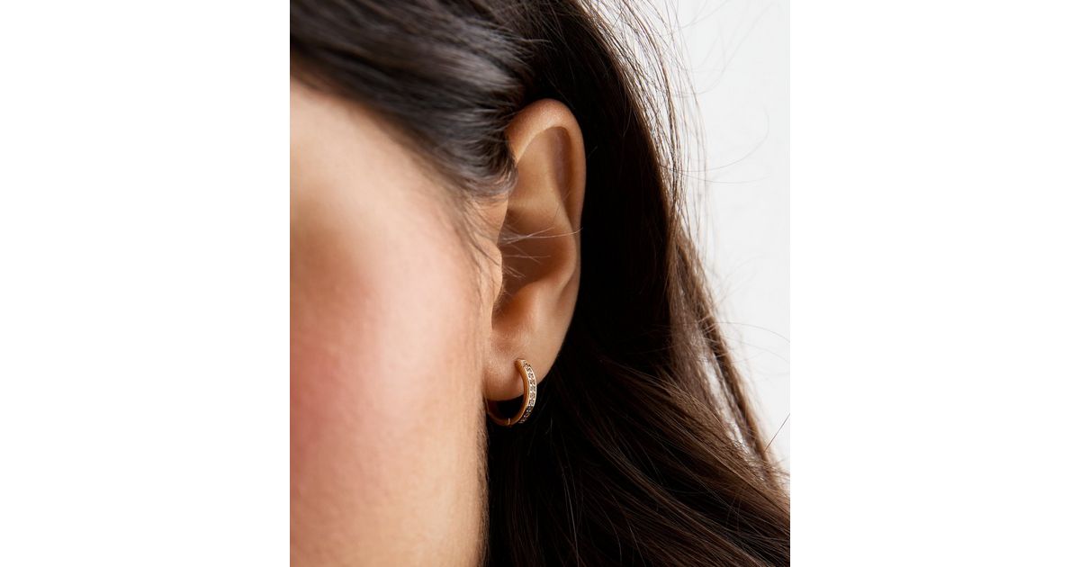 Gold Cubic Zirconia Mini Hinge Hoop Earrings | New Look