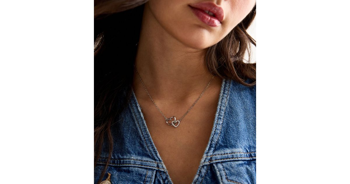 Silver Diamante Trim Double-Heart Pendant Necklace | New Look