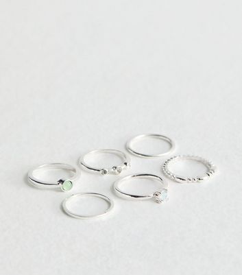 6 Pack Silver Diamanté Mixed Rings | New Look
