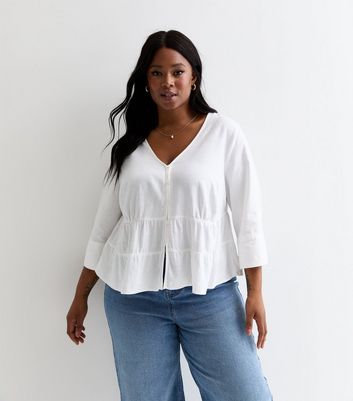 Curves White Linen-Blend Tiered Blouse | New Look