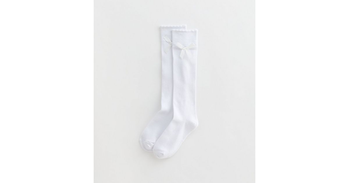 Girls White 2 Pack of Cotton-Blend Bow Knee-High Socks | New Look