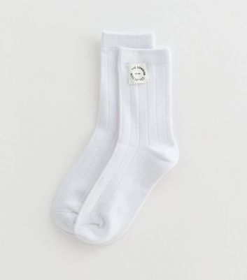 White Ribbed Cotton Logo-Tab Socks | New Look
