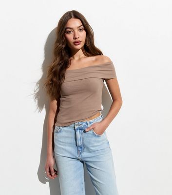 Mink Ribbed Short Sleeve Bardot Top | New Look