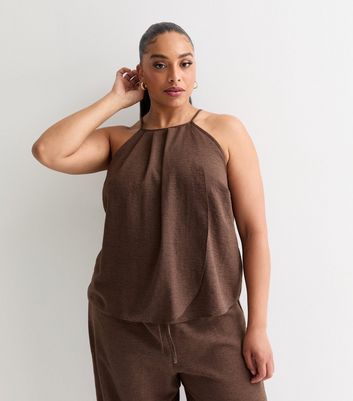 Curves Dark Brown Wrap Front Linen-Look Cami | New Look