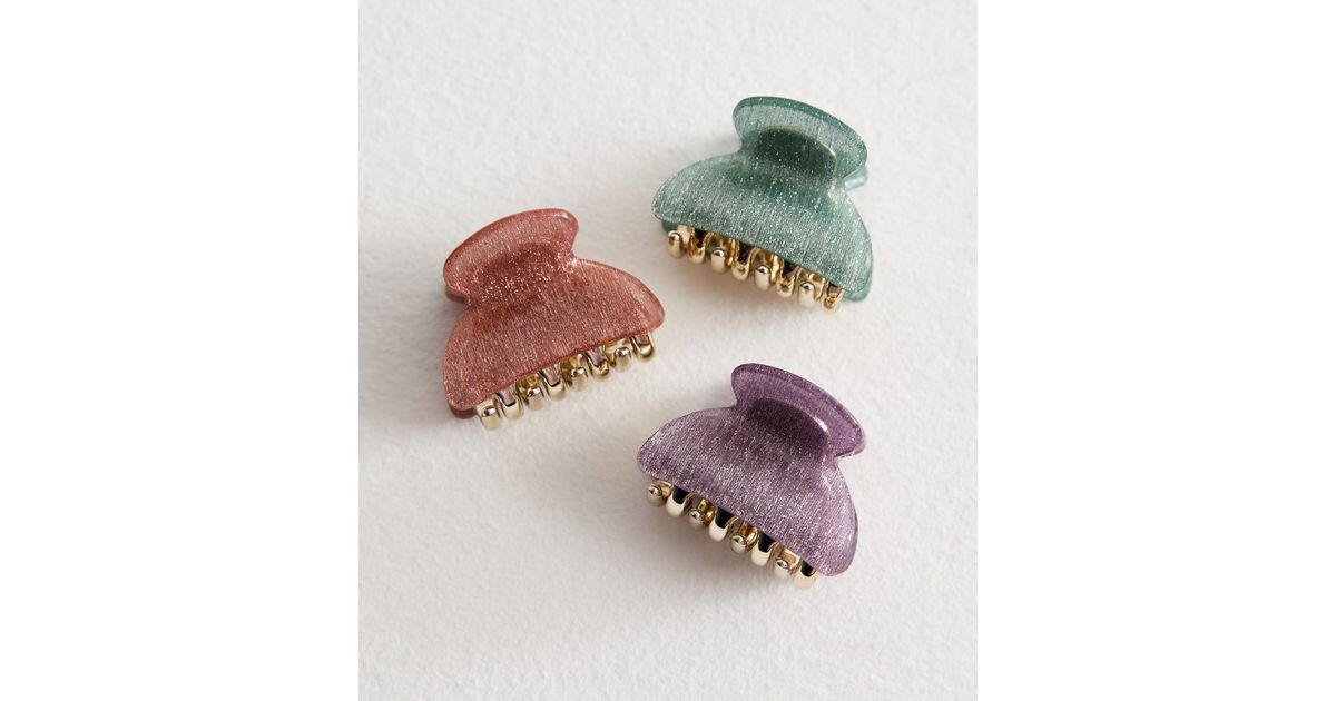 3 Pack Multicoloured Glitter Mini Hair Claw Clips | New Look