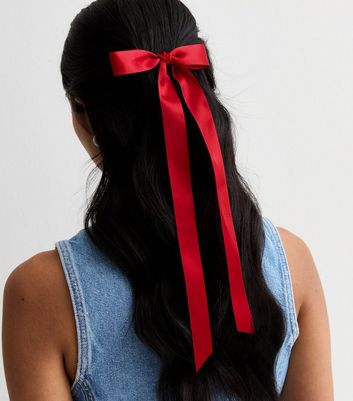Red Satin Skinny Bow Hair Slide | New Look