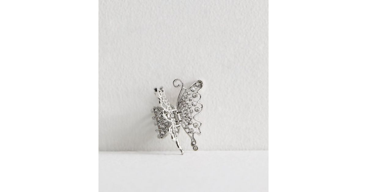 Silver Diamanté Butterfly Hair Claw Clip | New Look