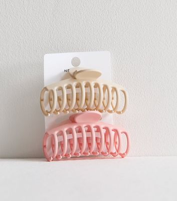 2 Pack Cream and Pink Banana Hair Claw Clips | New Look