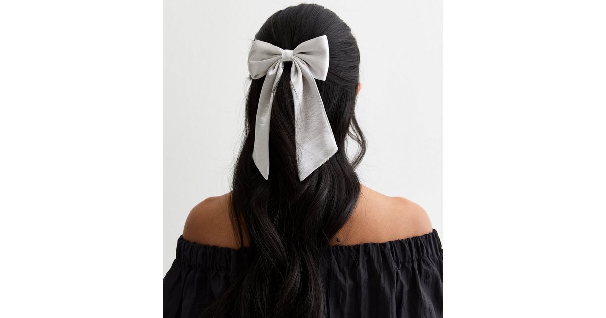 Silver Metallic Satin Bow Hair Slide | New Look