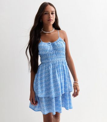Girls Blue Patterned Shirred Bow-Detail Dress | New Look