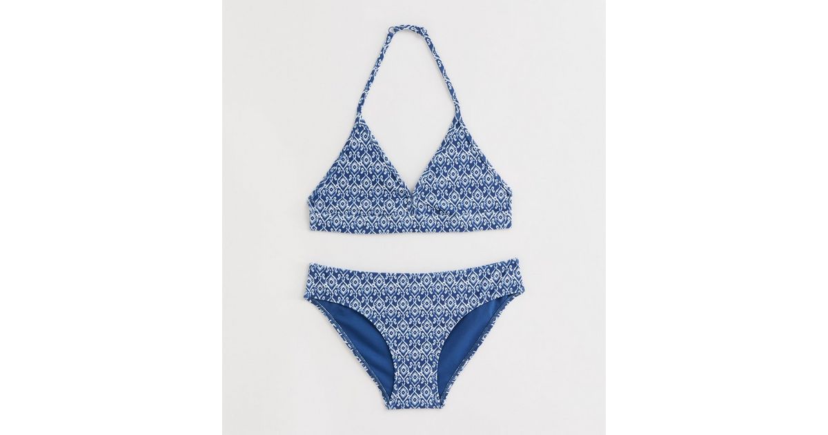 Girls Dark Blue Abstract Print Triangle Bikini Set | New Look