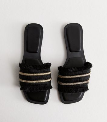 Truffle Black Fringe Sliders | New Look