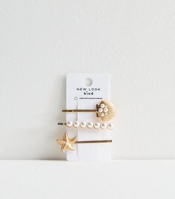 Gold Tone 3 Pack Starfish and Shell Hair Clips | New Look