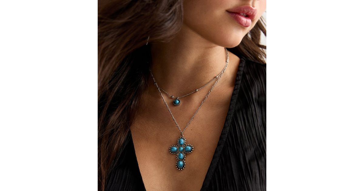 Blue Stone Cross Layered Pendant Necklace | New Look