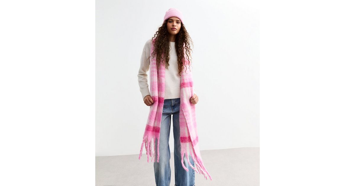Pink Checked Brushed Fringed Scarf | New Look