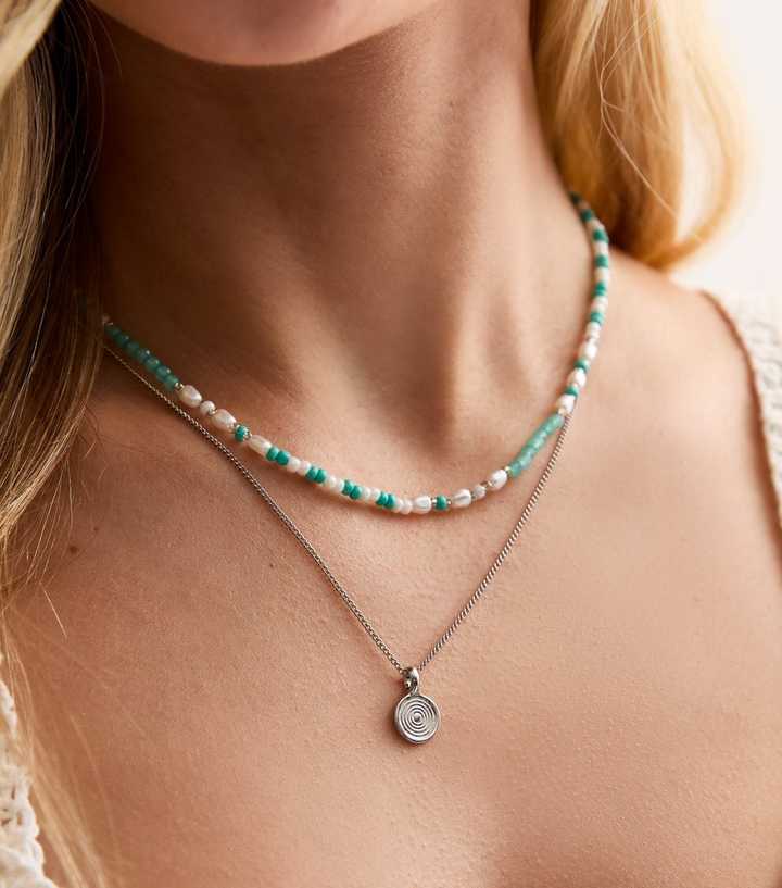 Silver and Turquoise Layered Beaded Disc Necklace | New Look