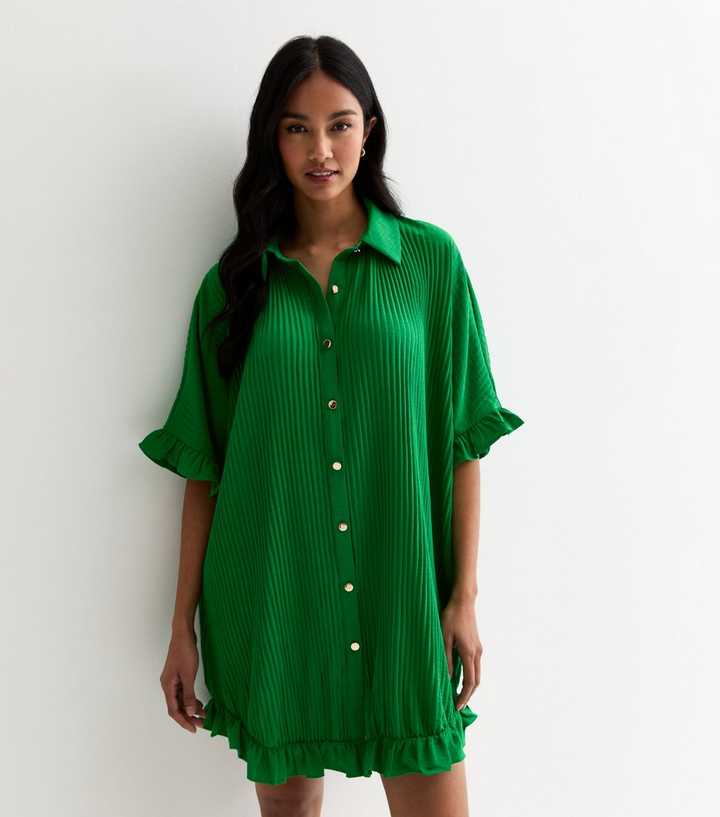 Gini London Green Plisse Frill Oversized Mini Shirt Dress | New Look
