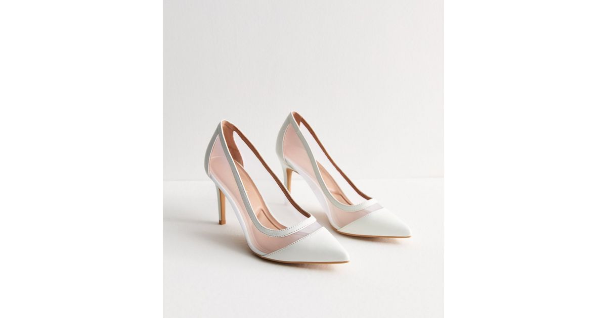 White Mesh-Panelled Stiletto Heel Court Shoes | New Look