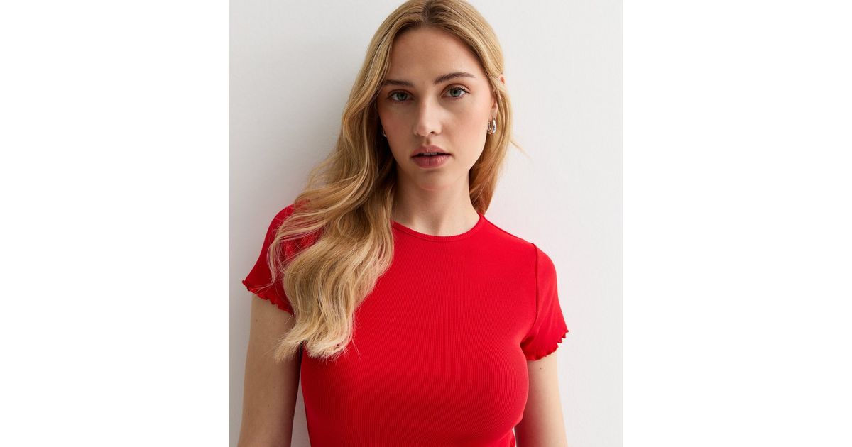 Red Ribbed Frill Hem T-Shirt | New Look