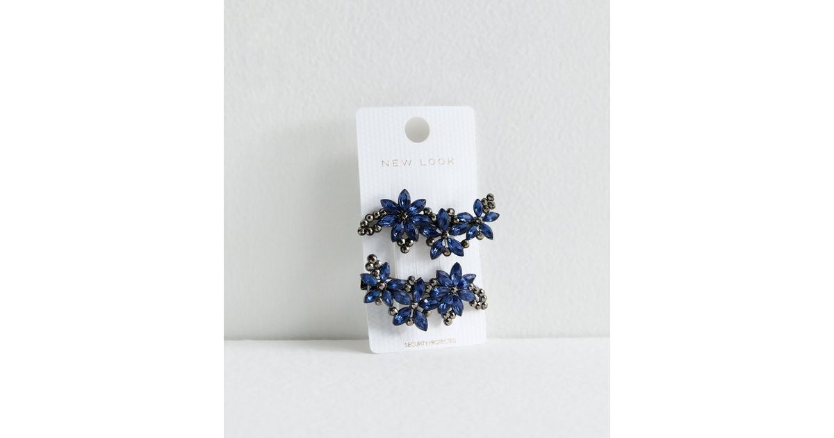 2 Pack Navy Diamanté Flower Hair Clips | New Look