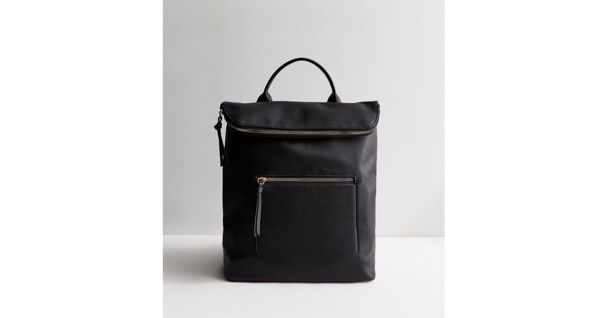 Black Leather-Look Foldover Backpack | New Look