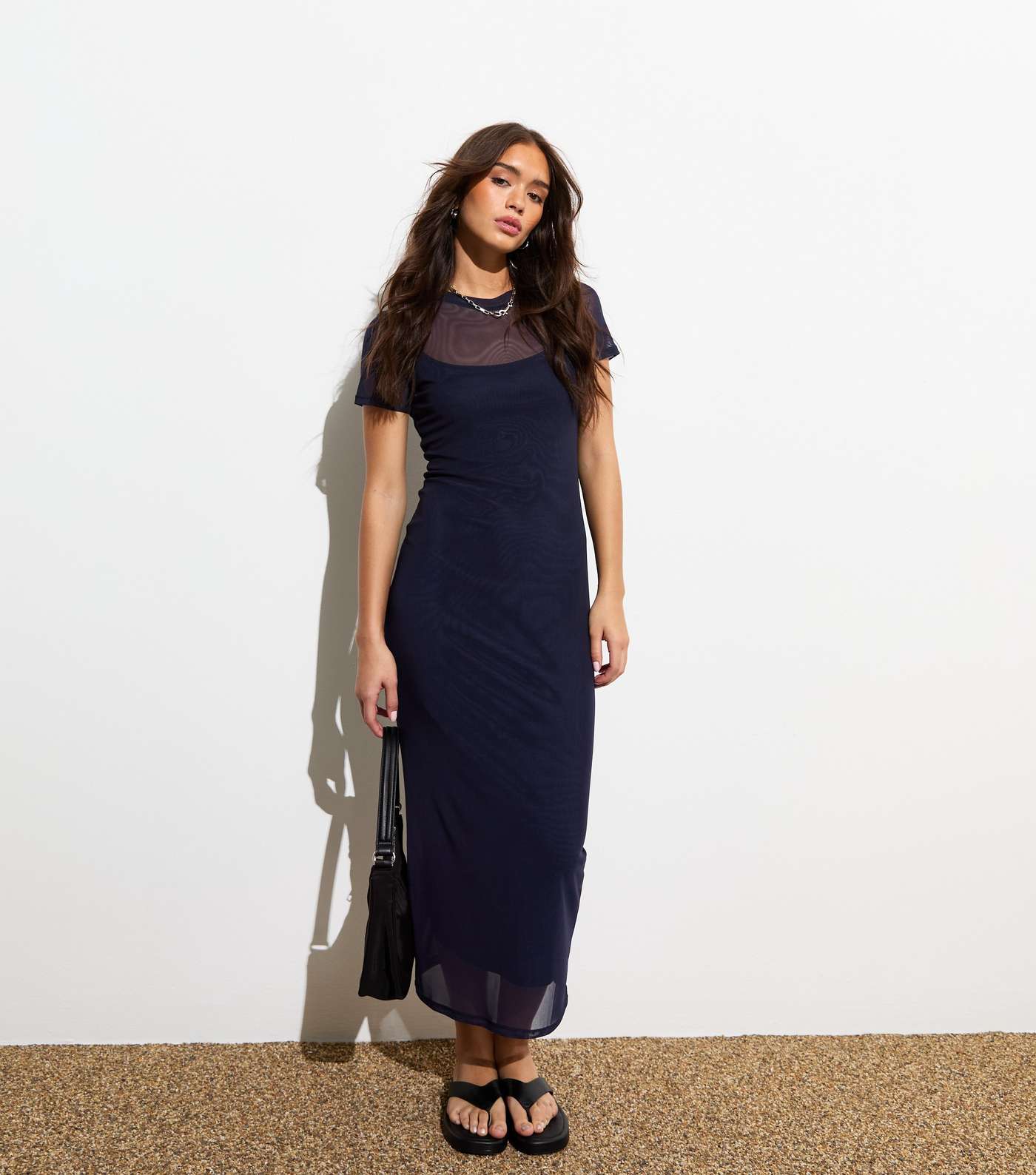 Navy Mesh Short Sleeved Midi Dress New Look