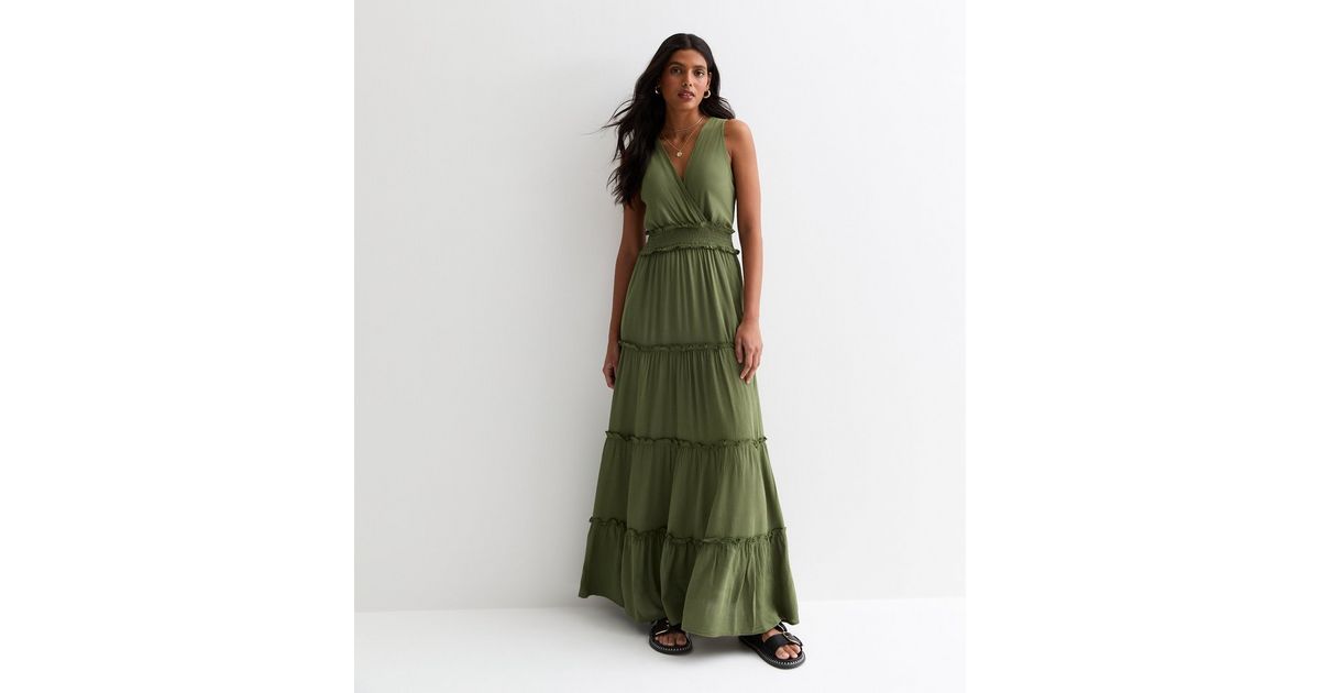 Gini London Olive Shirred Waist Maxi Dress | New Look