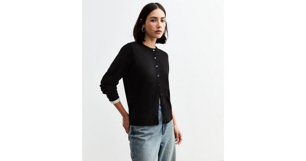 Black Fine Knit Crew Neck Cardigan | New Look