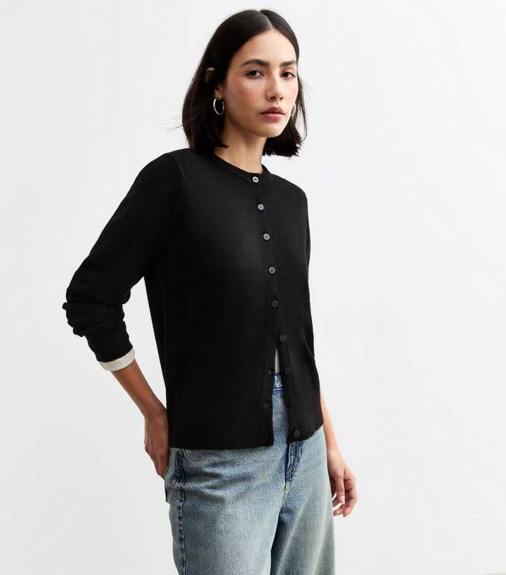 Black Fine Knit Crew Neck Cardigan | New Look