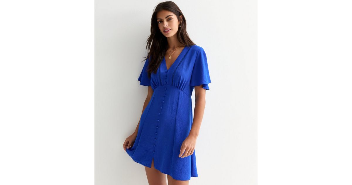 Bright Blue Button Front Mini Tea Dress | New Look