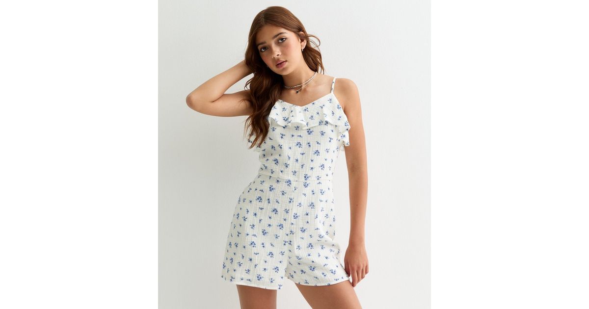 Girls Blue Floral Print Embroidered Frill Playsuit | New Look