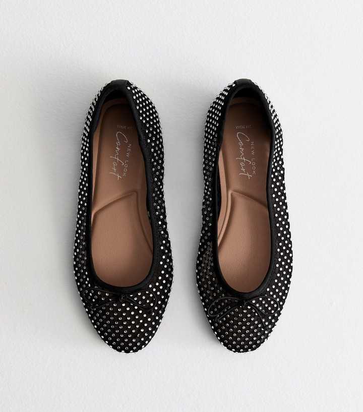 Wide Fit Black Mesh Rhinestone Embellished Ballet Pumps | New Look
