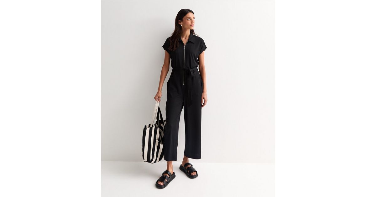 Black Ribbed Zip Up Jumpsuit | New Look