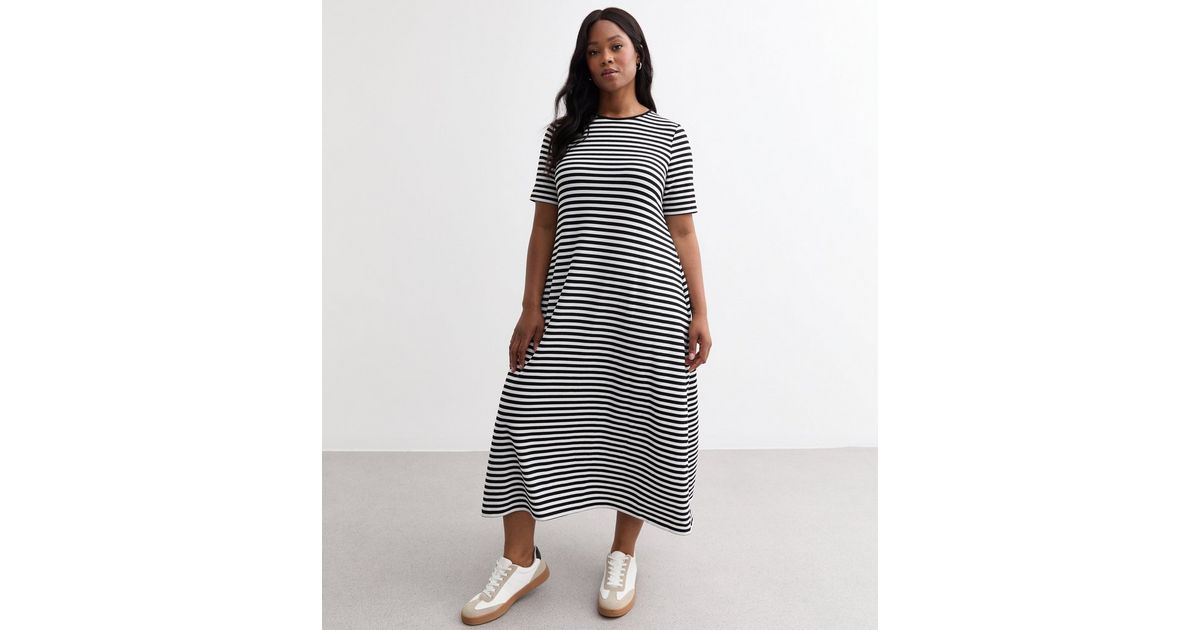 Curves Black Striped Ribbed Midi Dress | New Look