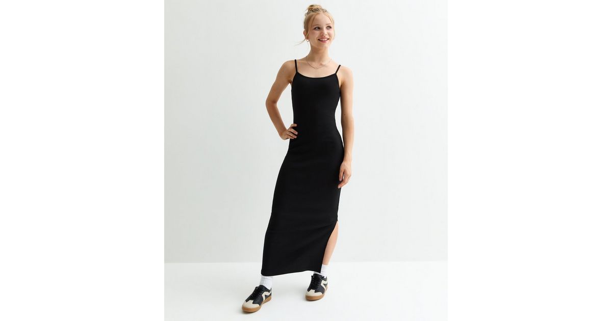 Girls Black Ribbed Cotton-Blend Maxi Dress | New Look